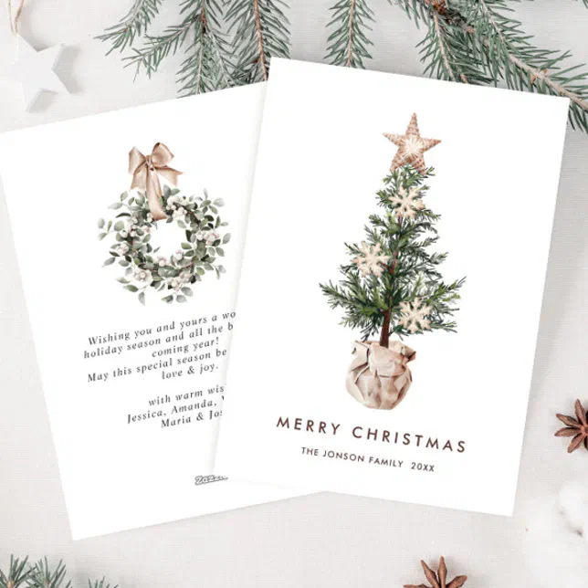 Neutral Bohemian Christmas Pine Tree Greeting Holiday Card | Zazzle