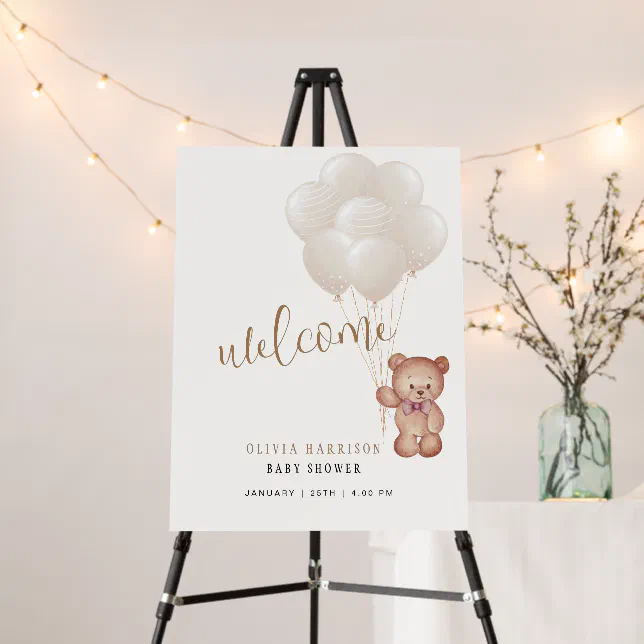 Neutral Boho Bear Balloon Baby Shower Welcome Sign | Zazzle