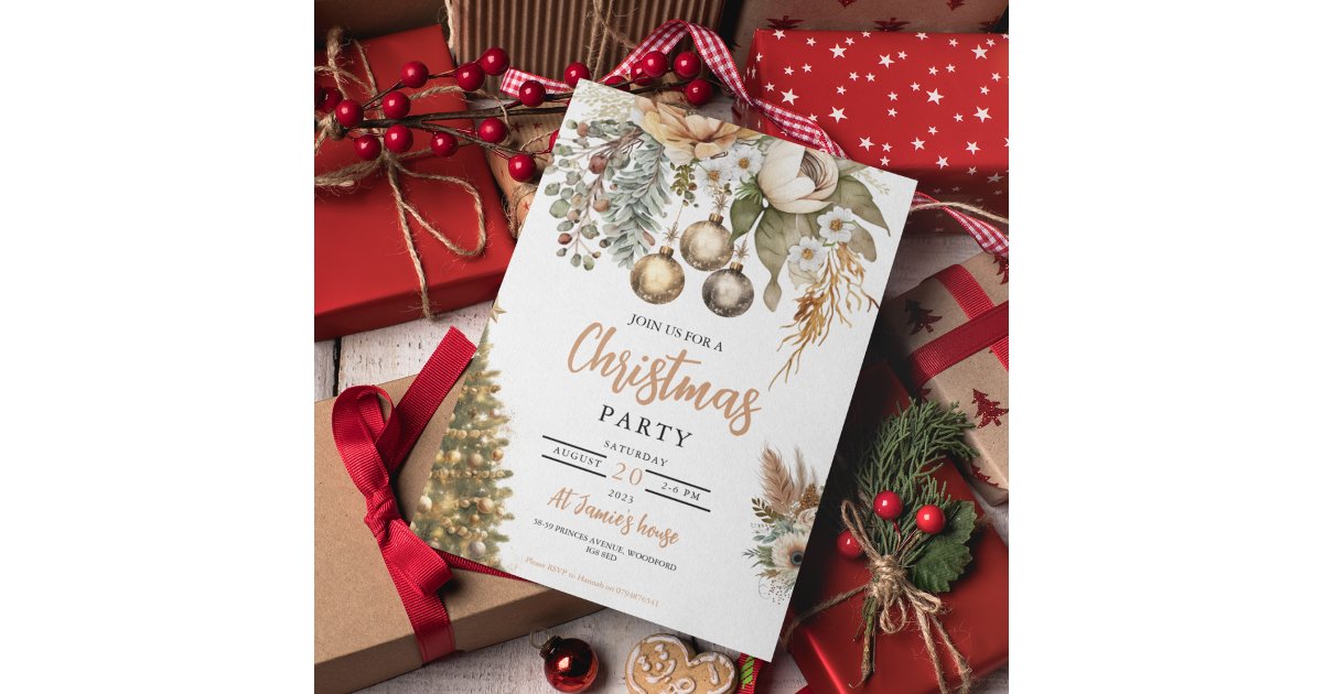 Neutral Boho Christmas Party Invitation | Zazzle
