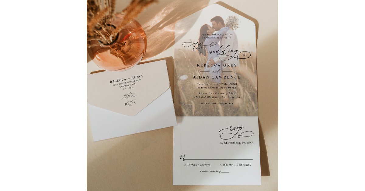 Neutral Boho Modern Photo Wedding All In One Invitation | Zazzle