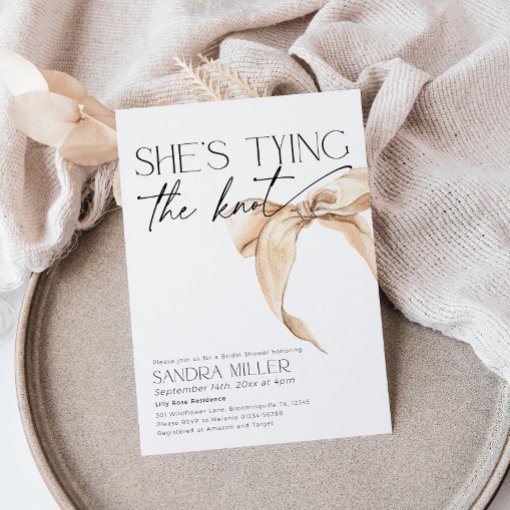 Neutral bow Bridal Shower "She's tying the knot" Invitation | Zazzle