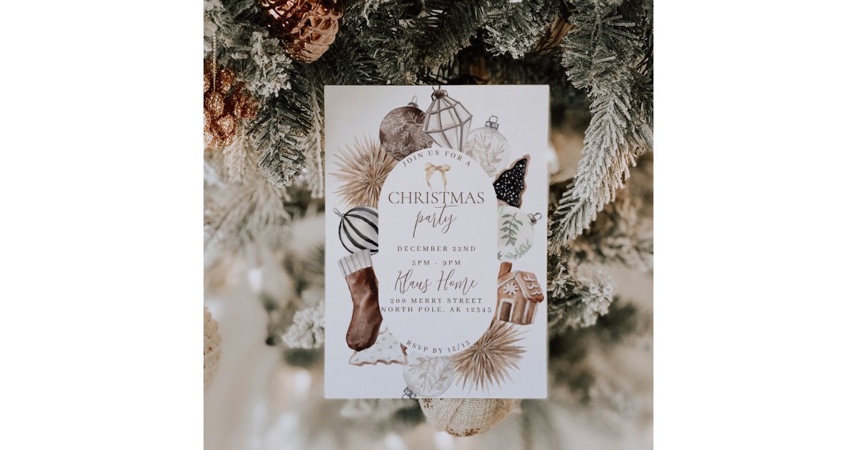 Neutral Christmas Party Invitation Boho Brown | Zazzle