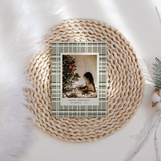 Neutral Colors Plaid Minimalist Photo Holiday Card | Zazzle