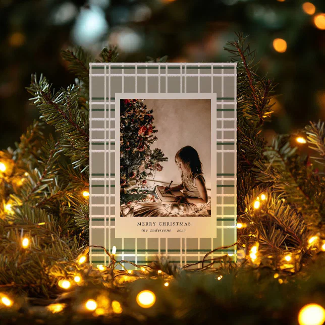 Neutral Colors Plaid Minimalist Photo Holiday Card | Zazzle