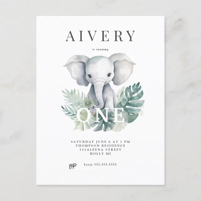 Neutral Cute Elephant First Birthday Invitation Postcard | Zazzle