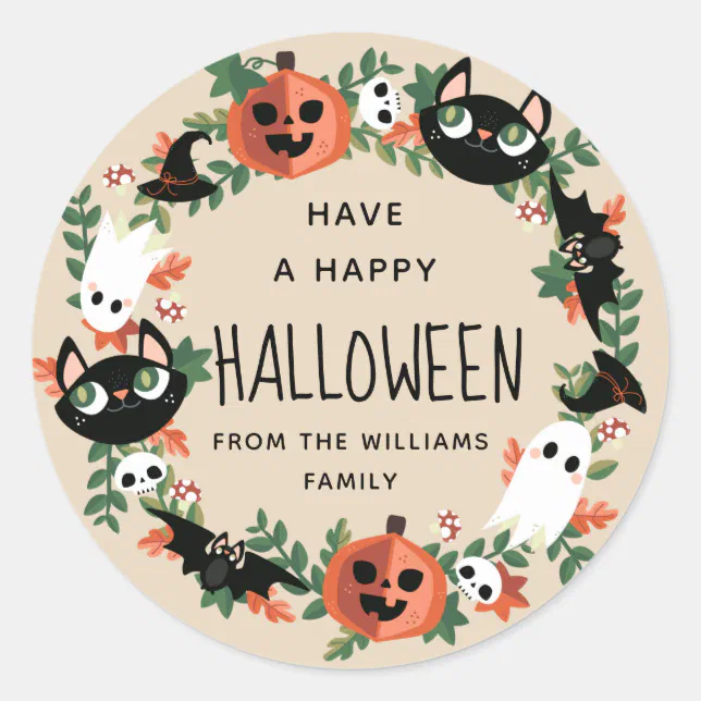 Neutral Cute Spooky Happy Halloween Wreath Classic Round Sticker | Zazzle