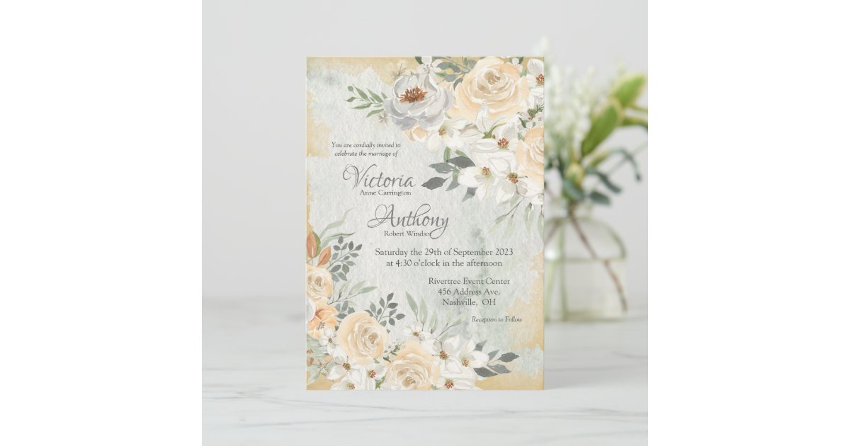 Neutral Floral Script Wedding Invitation | Zazzle