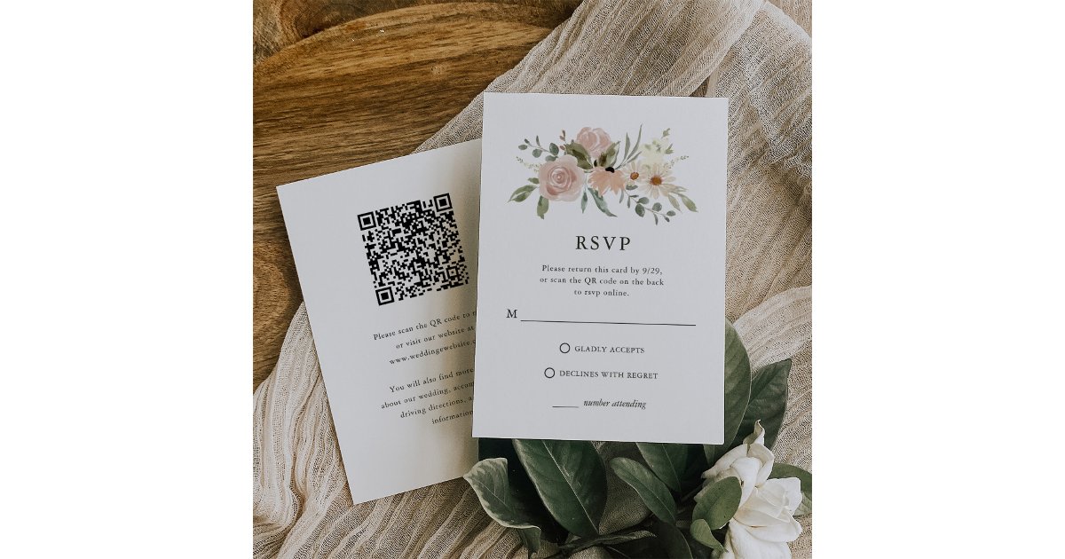 Neutral Flowers | Combo QR Code and Traditional RSVP Card | Zazzle