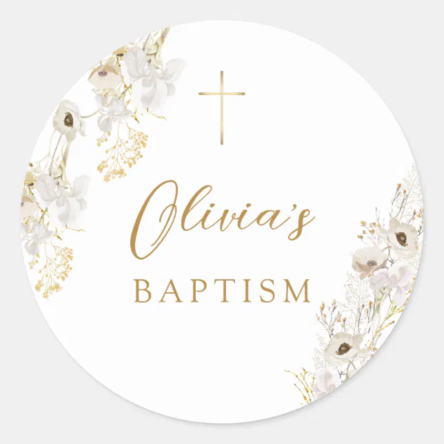 Neutral Ivory Gold Wildflower Baptism Classic Round Sticker | Zazzle