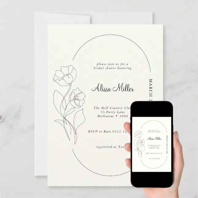 Neutral Minimalist Line Flower Bridal Shower Invi Invitation | Zazzle