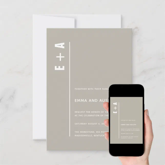 Neutral Modern Minimal Bold Initials Wedding Invitation | Zazzle