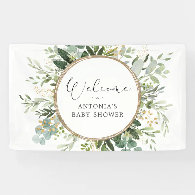 Neutral Sage Greenery Gold Baby Shower Welcome Banner | Zazzle