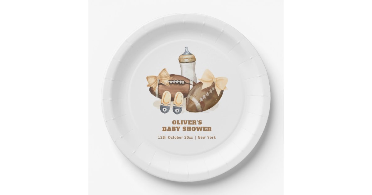 Neutral Touchdown Football Boy Baby Shower Paper Plates | Zazzle