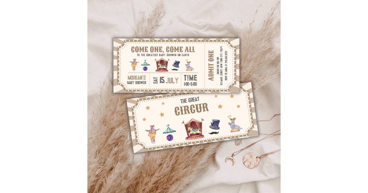 Neutral Vintage Circus Ticket Carnival Baby shower Invitation | Zazzle
