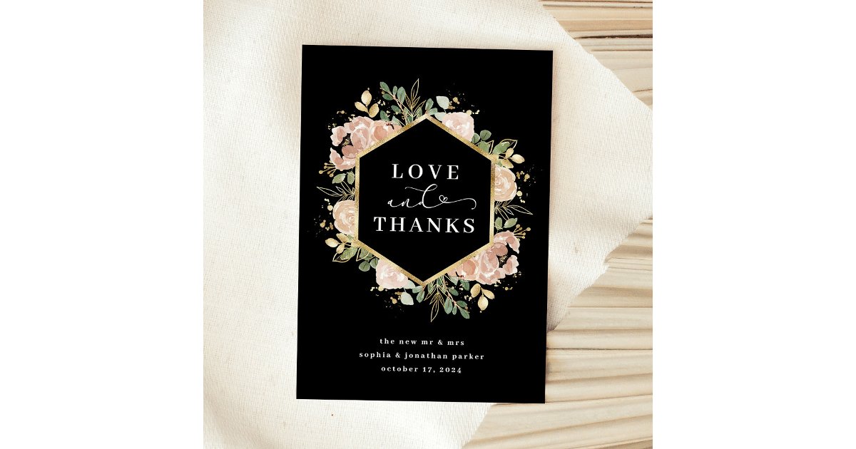 Neutral Watercolor Floral Black | Love and Thanks Thank You Card | Zazzle