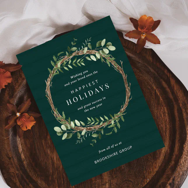 Neutral Wreath Business Holiday Card | Zazzle