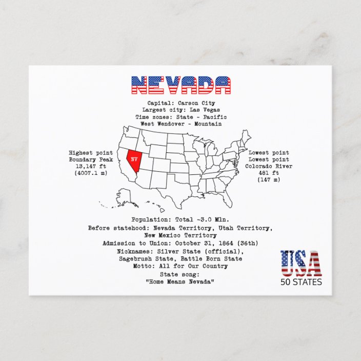Nevada American state on a map and useful info Holiday Postcard ...