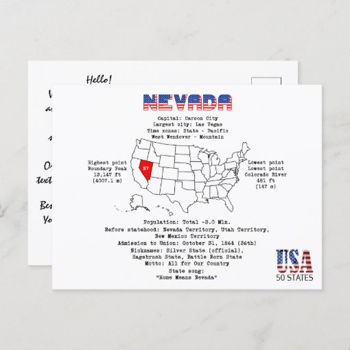 Nevada American state on a map and useful info Holiday Postcard | Zazzle