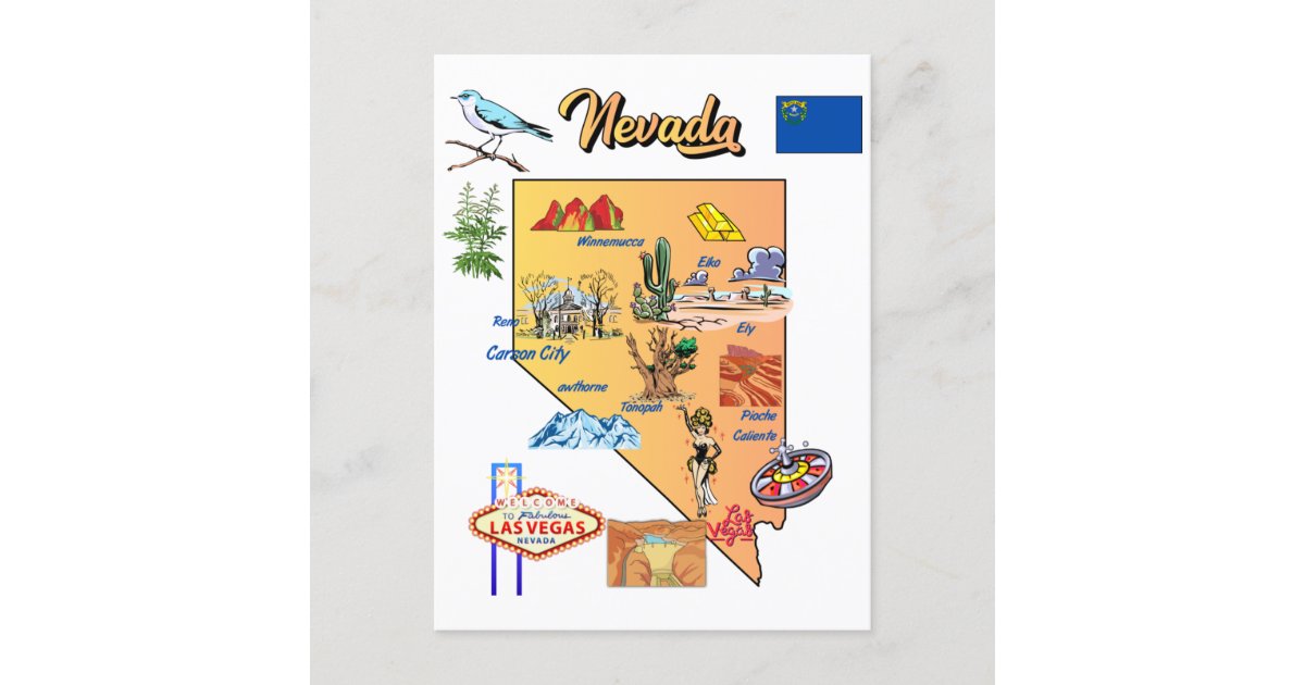 Nevada state Map with Tourist Destinations Postcard | Zazzle