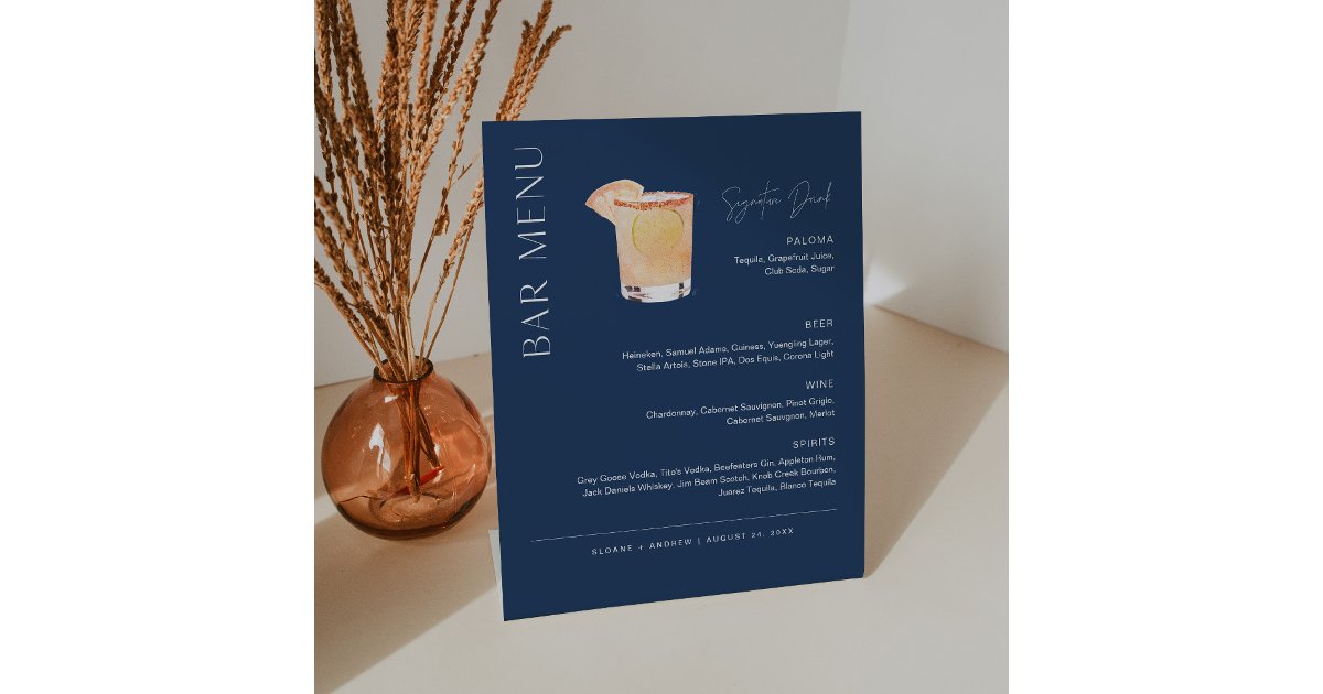 NEVE Navy Signature Drink Wedding Bar Menu Pedestal Sign | Zazzle