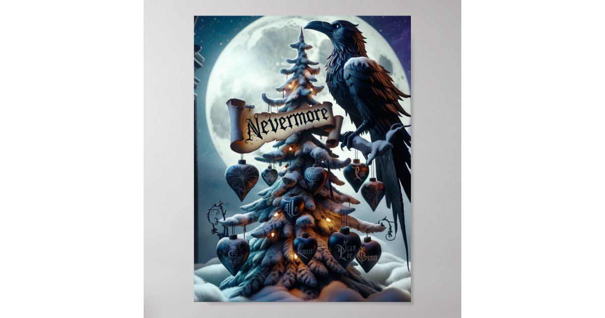 Nevermore Gothic Christmas Tree With Hearts Raven Poster | Zazzle