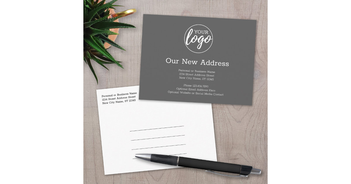 New Address Change with Business Logo Gray Announcement Postcard | Zazzle