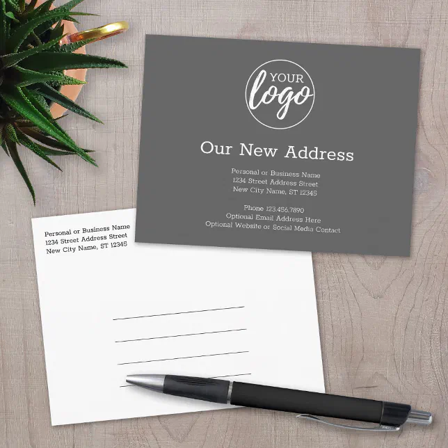New Address Change with Business Logo Gray Announcement Postcard | Zazzle