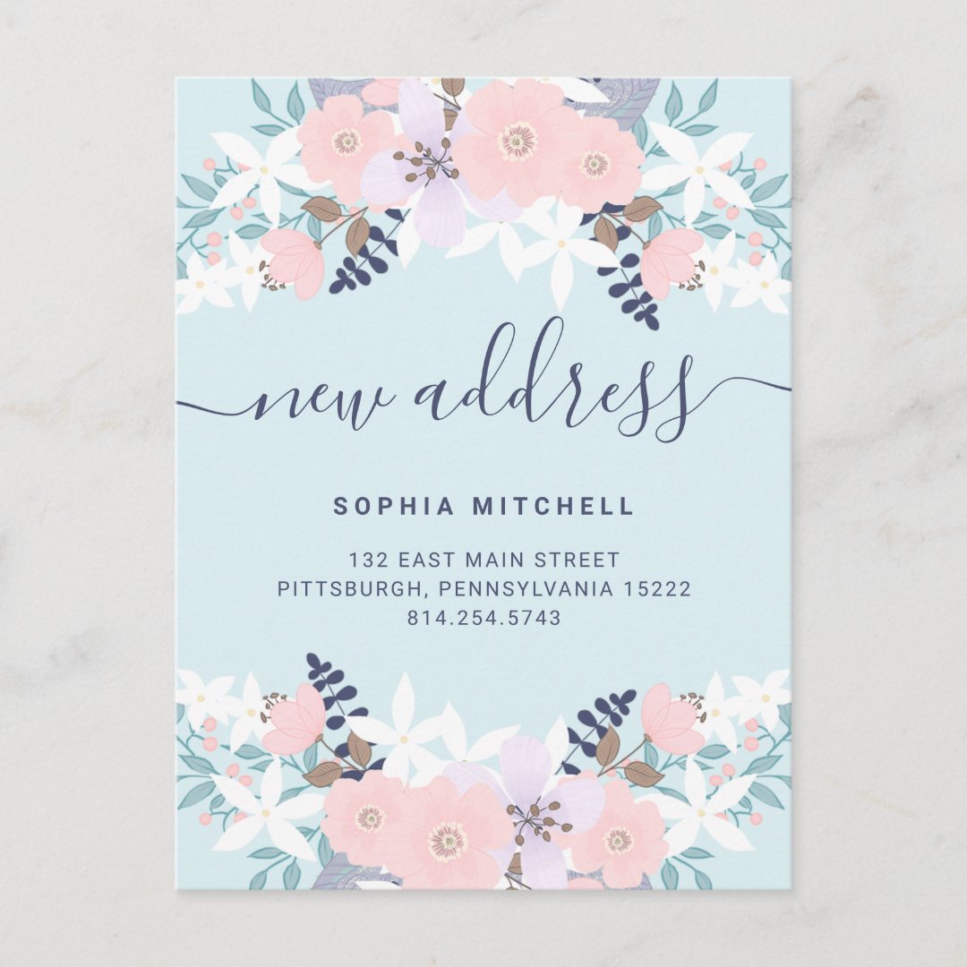 New Address | Cute Blue Pastel Floral Moving Announcement Postcard | Zazzle
