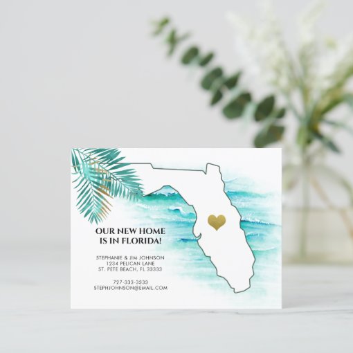 New Address Florida Map Gold Heart Moving Announcement Postcard | Zazzle