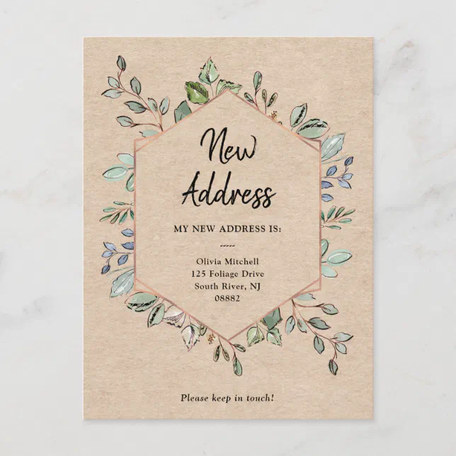 New Address Geo Foliage Kraft Moving Announcement Postcard | Zazzle