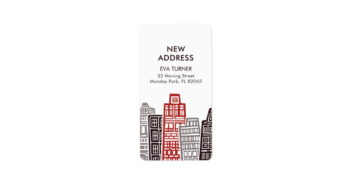 New Address label with Red & Black Buildings | Zazzle