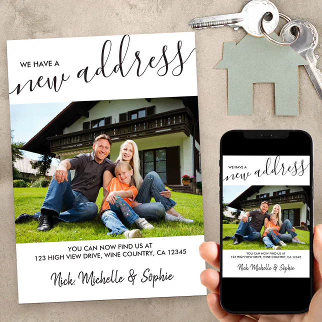 New Address Photo and Elegant Script Moving Announcement | Zazzle