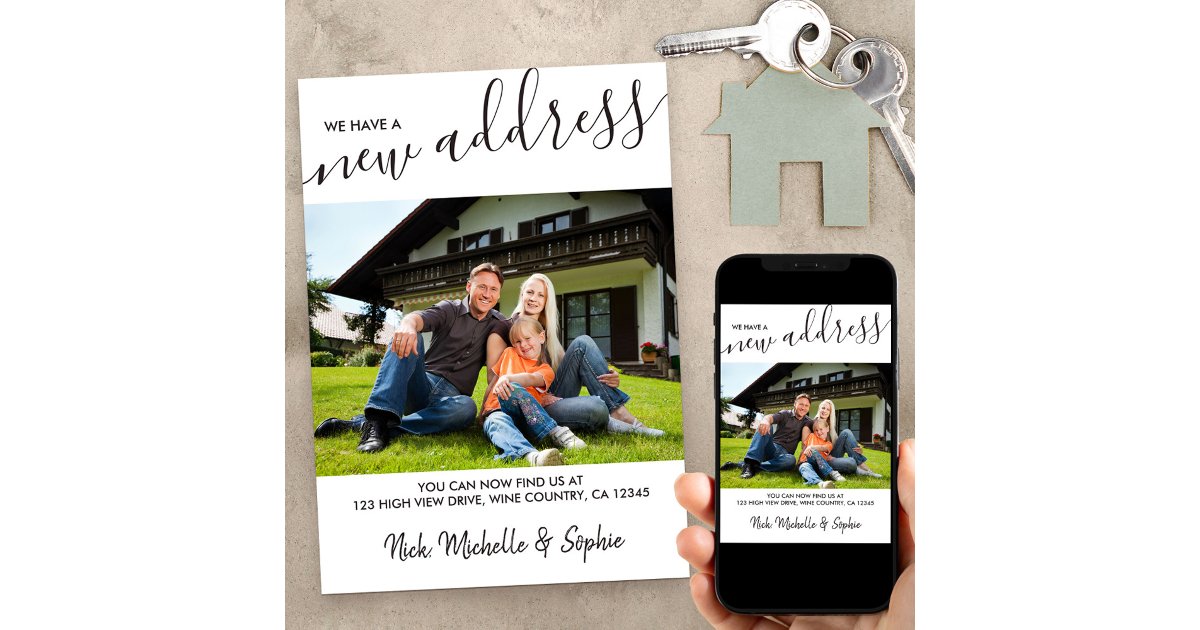 New Address Photo and Elegant Script Moving Announcement | Zazzle