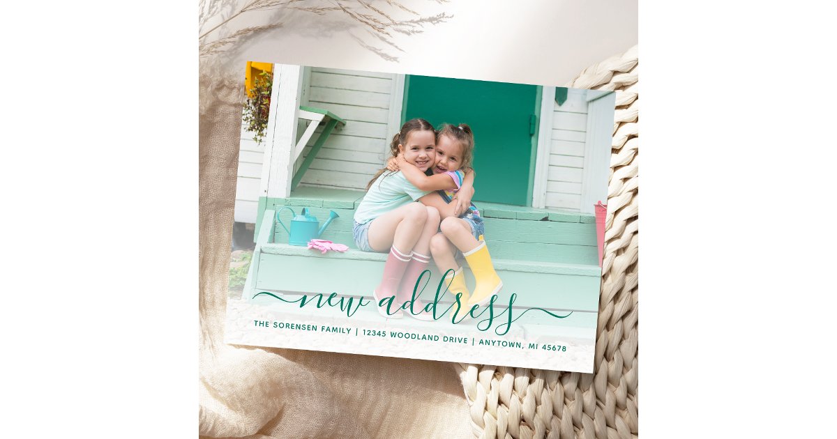 New Address Photo Teal Script Postcard | Zazzle