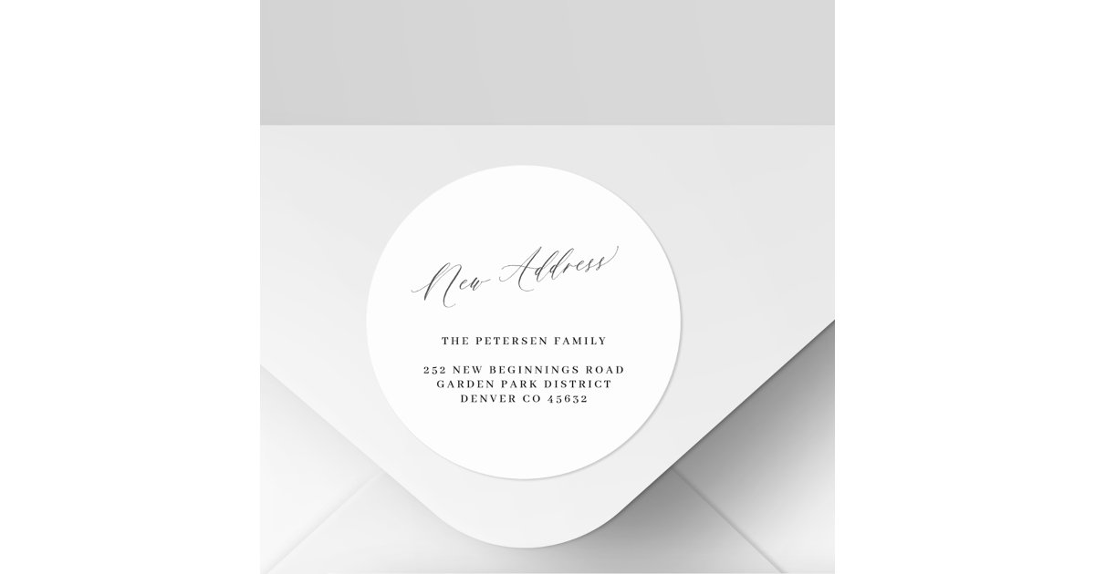 New address simple black white moving announcement classic round ...