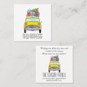 New Address Yellow Cab with Christmas Gifts Square Business Card | Zazzle