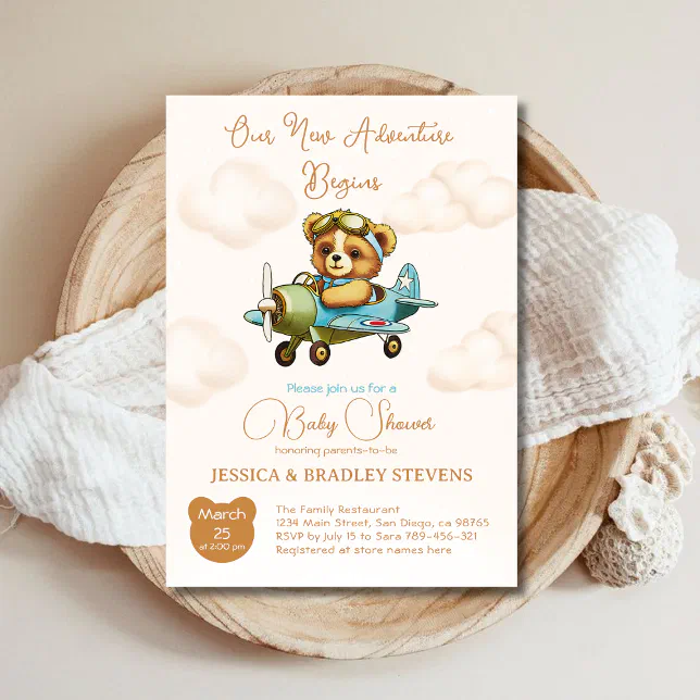 New Adventure Baby Pilot Airplane Baby Shower Invitation | Zazzle