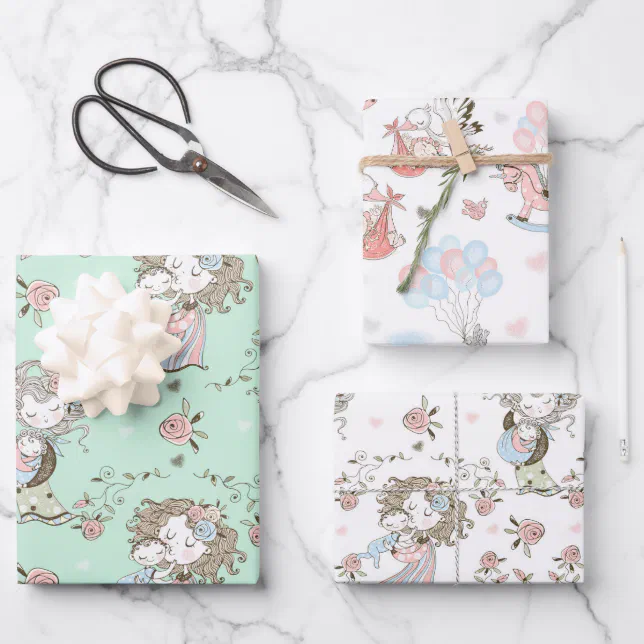 New Baby Baby Shower Mom and Baby Wrapping Paper Sheets | Zazzle