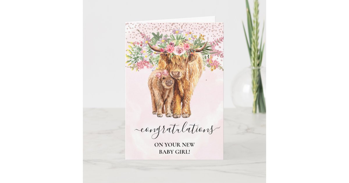 New Baby Girl Highland Cow Calf Congratulation Card | Zazzle