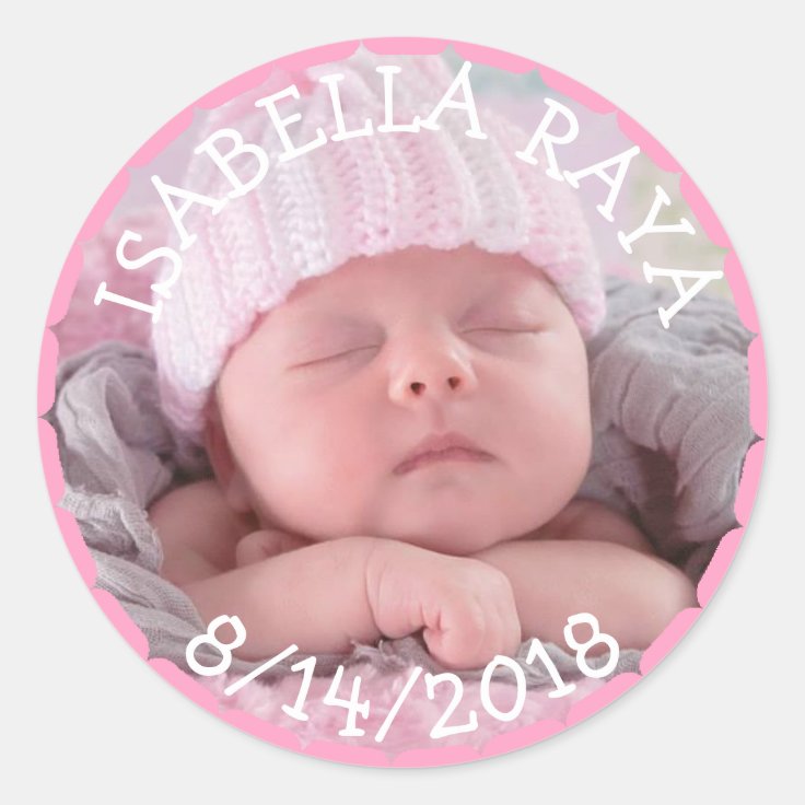 New Baby Girl Photo Announcement Classic Round Sticker | Zazzle