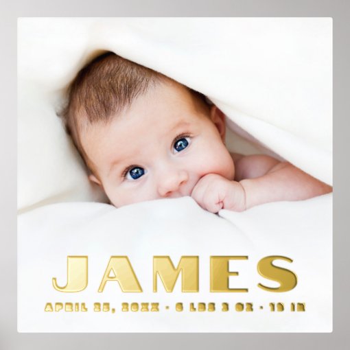 New baby newborn name date length weight photo foil prints | Zazzle