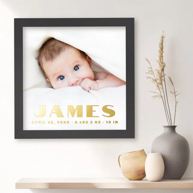 New baby newborn name date length weight photo foil prints | Zazzle