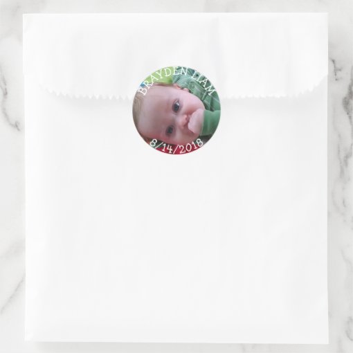 New Baby Photo, Name Birth date Boy Announcement Classic Round Sticker ...