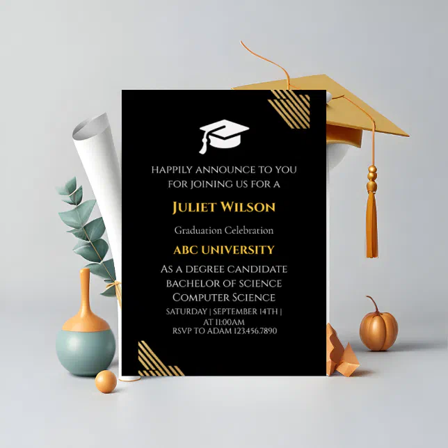 New Black college graduation stylish commencement Invitation | Zazzle