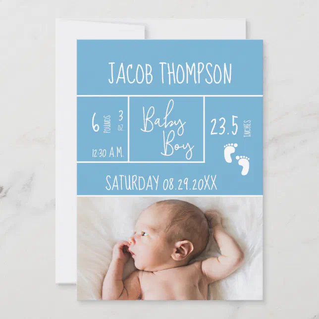 New Blue Baby Boy Birth Announcement Birth Stats | Zazzle