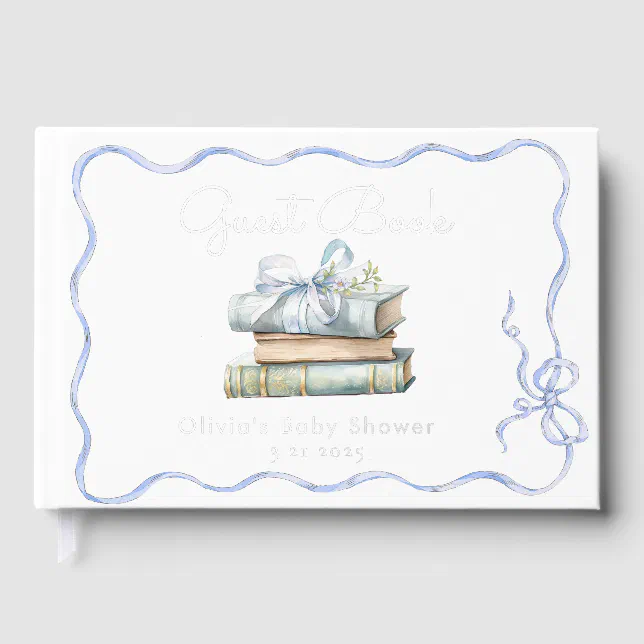 New Chapter Blue Bow Baby Shower Foil Guest Book | Zazzle