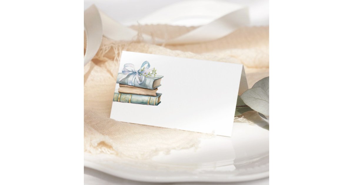 New Chapter Blue Bow Books Baby Shower place card | Zazzle