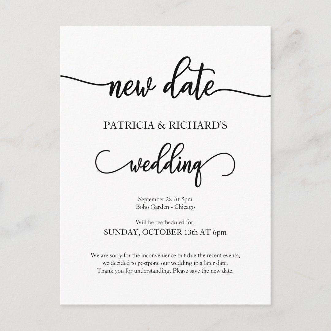New Date Postponed Wedding Announcement Postcard | Zazzle