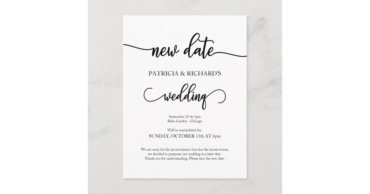 New Date Postponed Wedding Announcement Postcard | Zazzle