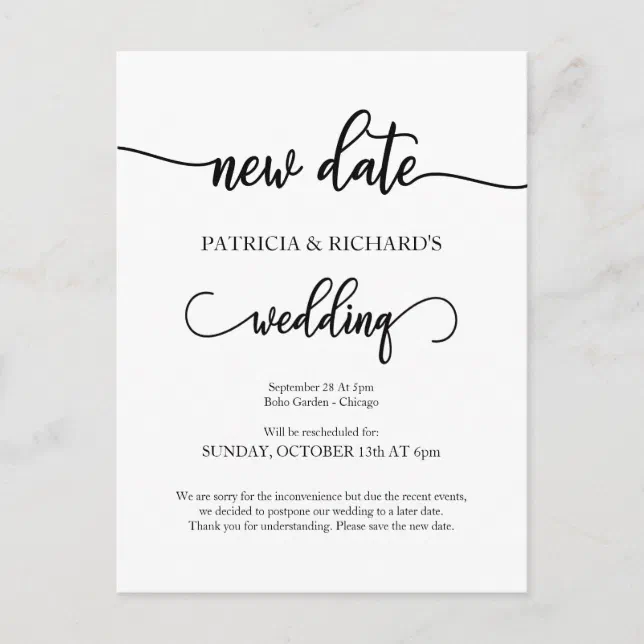 New Date Postponed Wedding Announcement Postcard | Zazzle